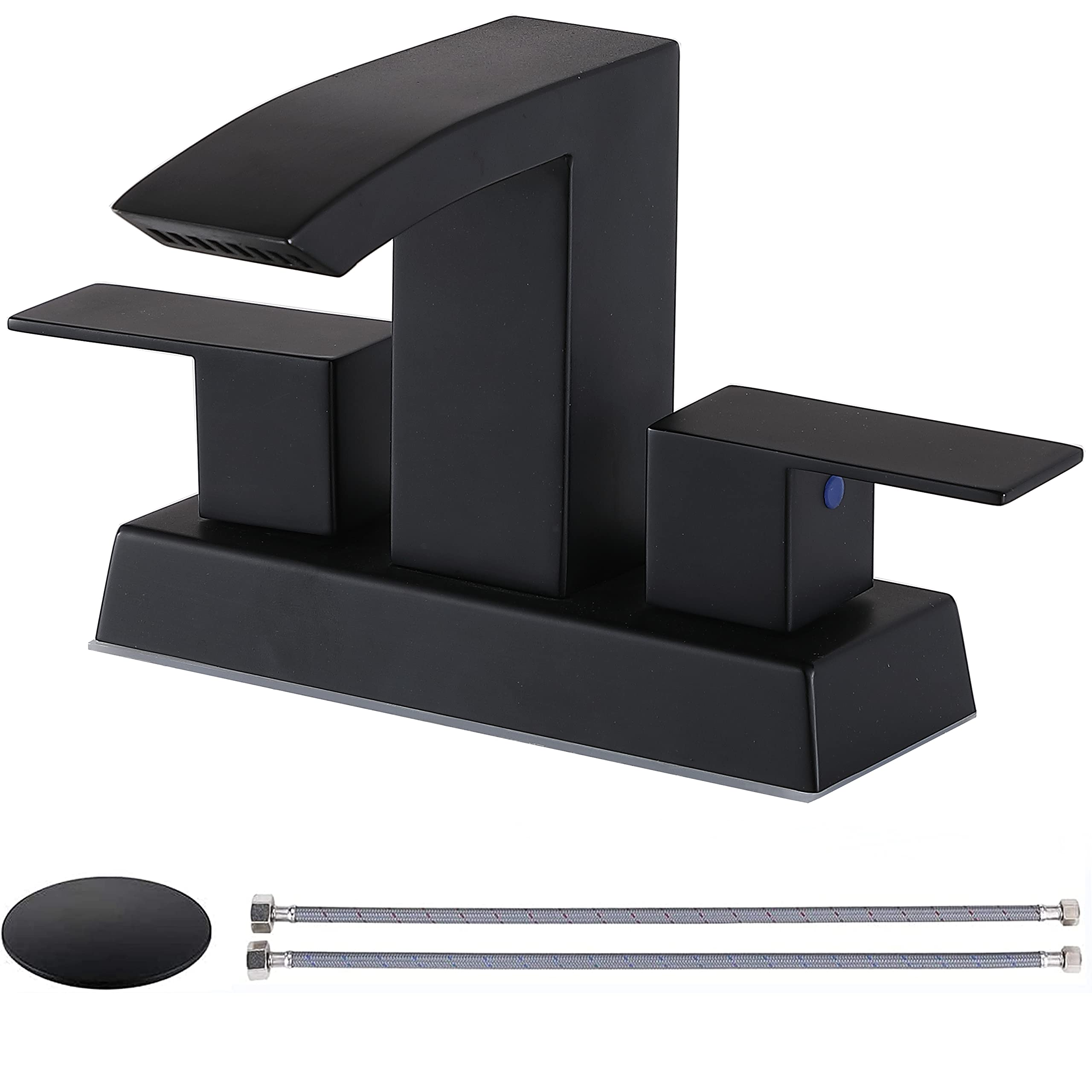 Friho Rectangular Spout 4 Inch Two Handle Centerset Matte Black Bathroom Faucet,Waterfall Bathroom Sink Faucet Lavatory RVs Vanity Faucets for Sink 3 Hole with Water Hoses and Pop up Drain