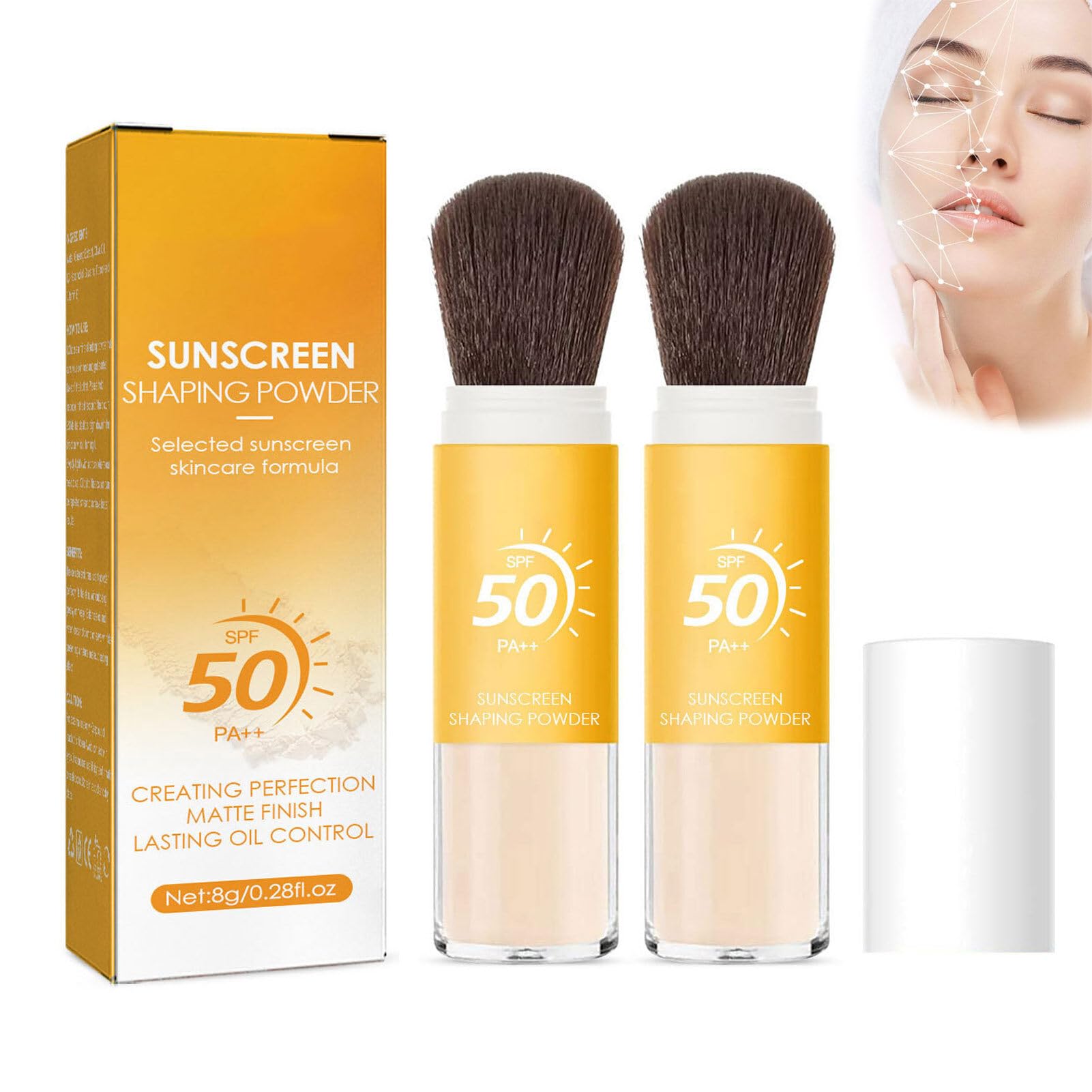 Sunscreen Setting Powder SPF 50 Loose Powder with Brush Natural Mineral Makeup Setting Powder Translucent 0.28 oz for All Skin-2PC