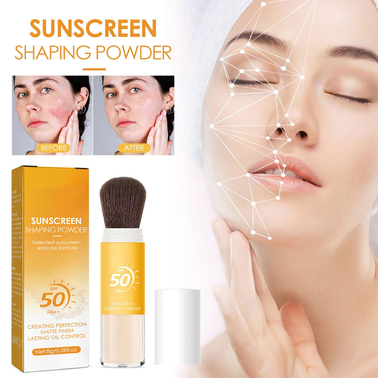 Sunscreen Setting Powder SPF 50 Loose Powder with Brush Natural Mineral Makeup Setting Powder Translucent 0.28 oz for All Skin-2PC