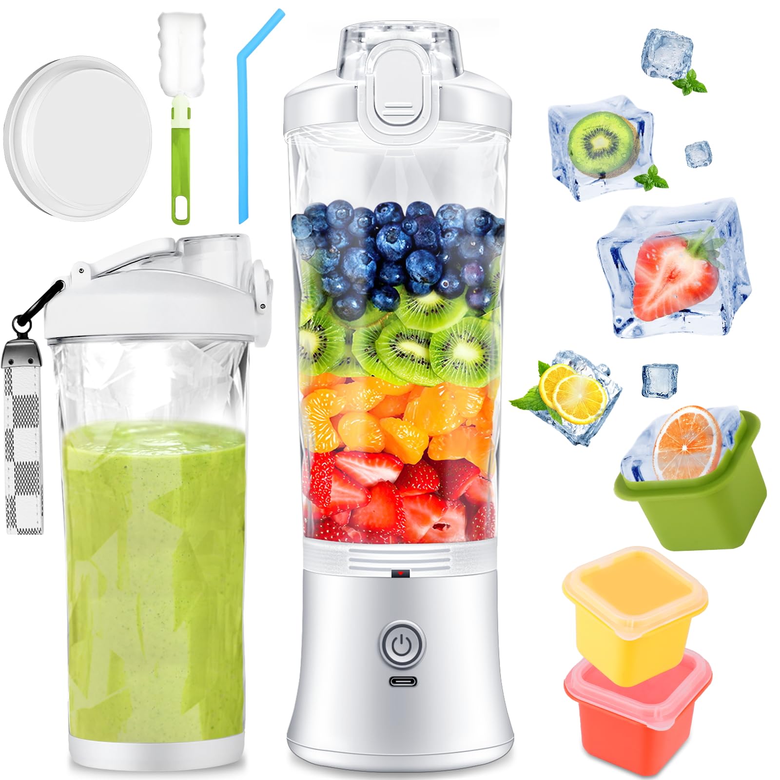 YIUOKAEI Portable Blender Personal Juicer - Kitchen 21oz USB Rechargeable 4000mAh Large Battery with 6 Blades for Smoothies Shakes Baby Food and Proteins - Home Office Gym Sports and Travel (White)