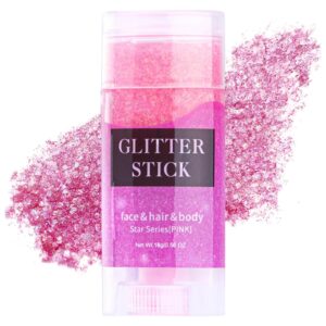 lemonsac pink body glitter stick, singer concerts glitter gel, holographic mermaid sequins chunky glitter, music festival rave glitter makeup for body, face, hair and lip, 0.56oz (01# pink glitter)