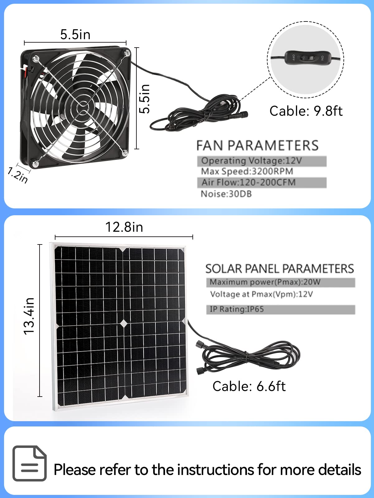 Solar Powered Fan, Solar Panel & 2 Pcs High Speed Fans with Weather Resistant Plug and Switch for Small Chicken Coop Greenhouse Shed Dog House Cooling