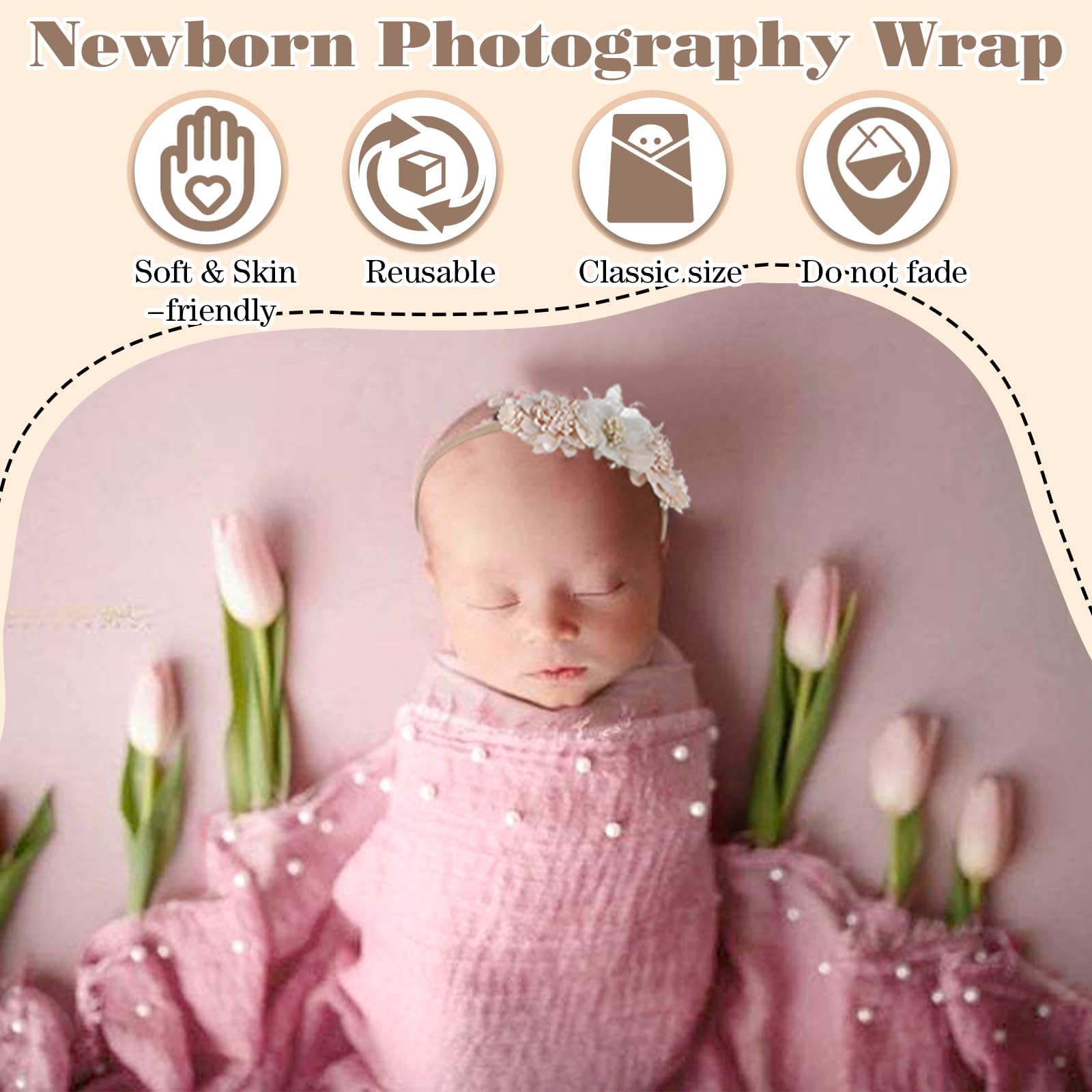 Preboun 3 Set Baby Photoshoot Props Wrap Kit 35.5 x 67 in Newborn Photography Props Wraps Baby Photo Props Newborn Pearl Headband Wrap Blanket Outfits for Baby Boy Girl Infant Toddler(Elegant Colors)