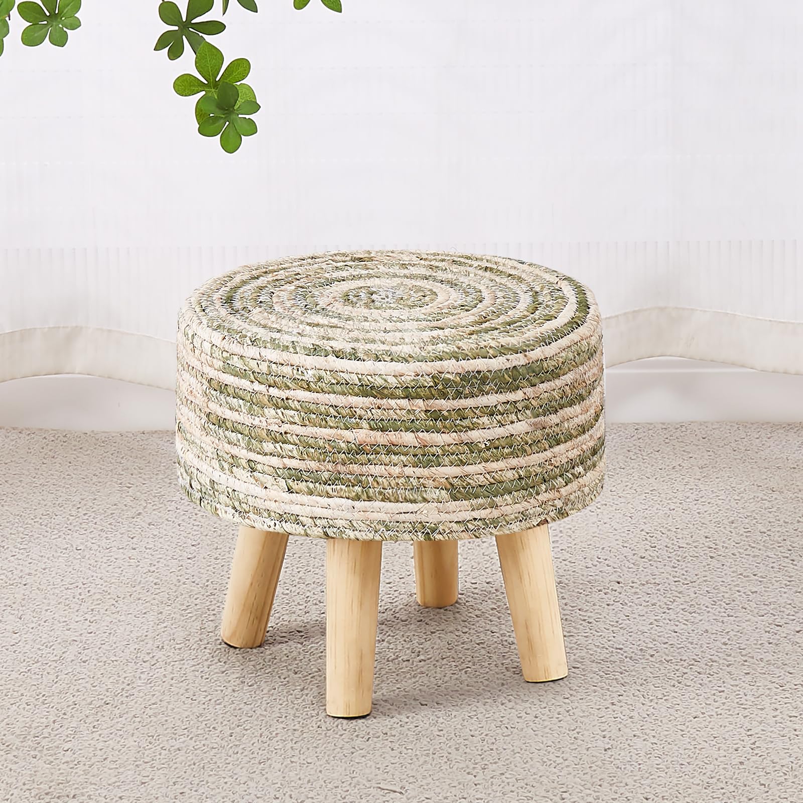 Cpintltr Round Ottoman Natural Seagrass Footstool Poufs Hand Weave Eco Friendly Sofa Foot Stool Soft Step Stool Boho Accent Padded Foot Rest with Pine Legs for Living Room Bedroom Mixed Green