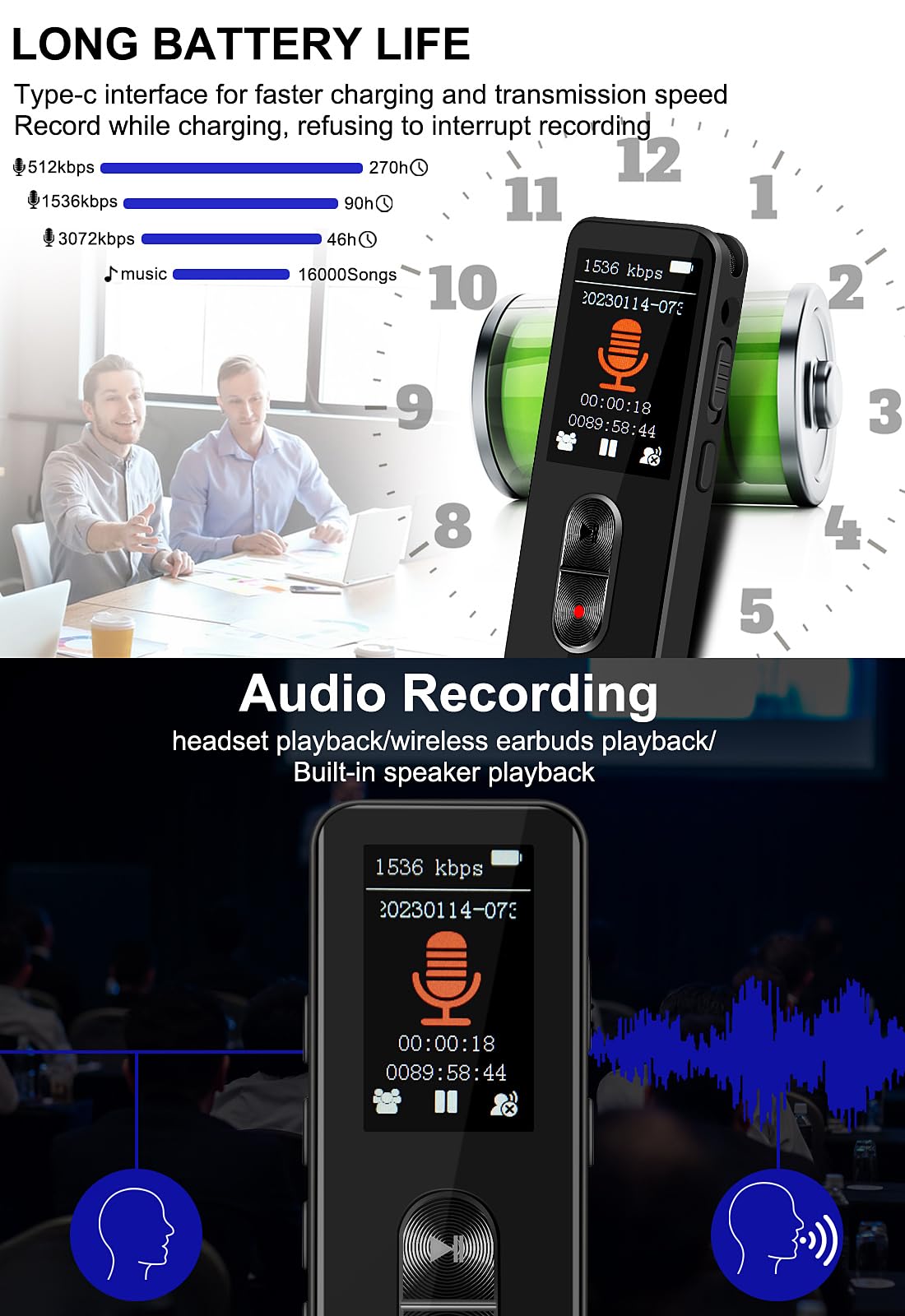 64GB Digital Voice Recorder, 3072KBPS Voice Activated Recorder One-Touch Recording with Playback, Noise Cancellation with Password, Bluetooth, Dictaphone Recorder for Lectures, Meetings, Interviews