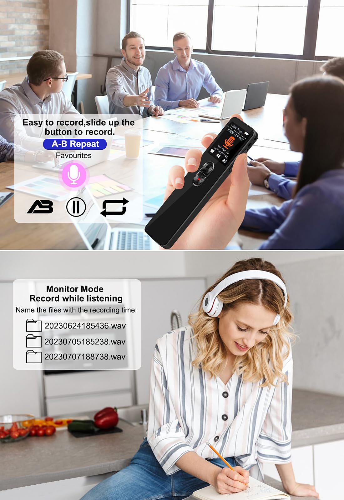 64GB Digital Voice Recorder, 3072KBPS Voice Activated Recorder One-Touch Recording with Playback, Noise Cancellation with Password, Bluetooth, Dictaphone Recorder for Lectures, Meetings, Interviews