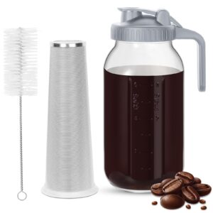 enrimyee cold brew coffee maker, mason jar pitcher, heavy duty soda lime glass w/stainless steel mesh filter & flip cap lid for iced coffee, ice lemonade, fruit drinks, sun tea - 64 oz