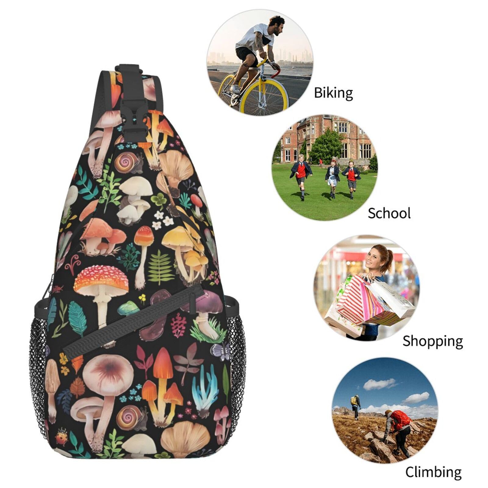 KAWOEEW Mushroom Sling Bag,Mushroom Gifts Crossbody Bag For Women Men Backpack Travel Hiking Shoulder Chest Bag Daypack Mushroom Stuff decor