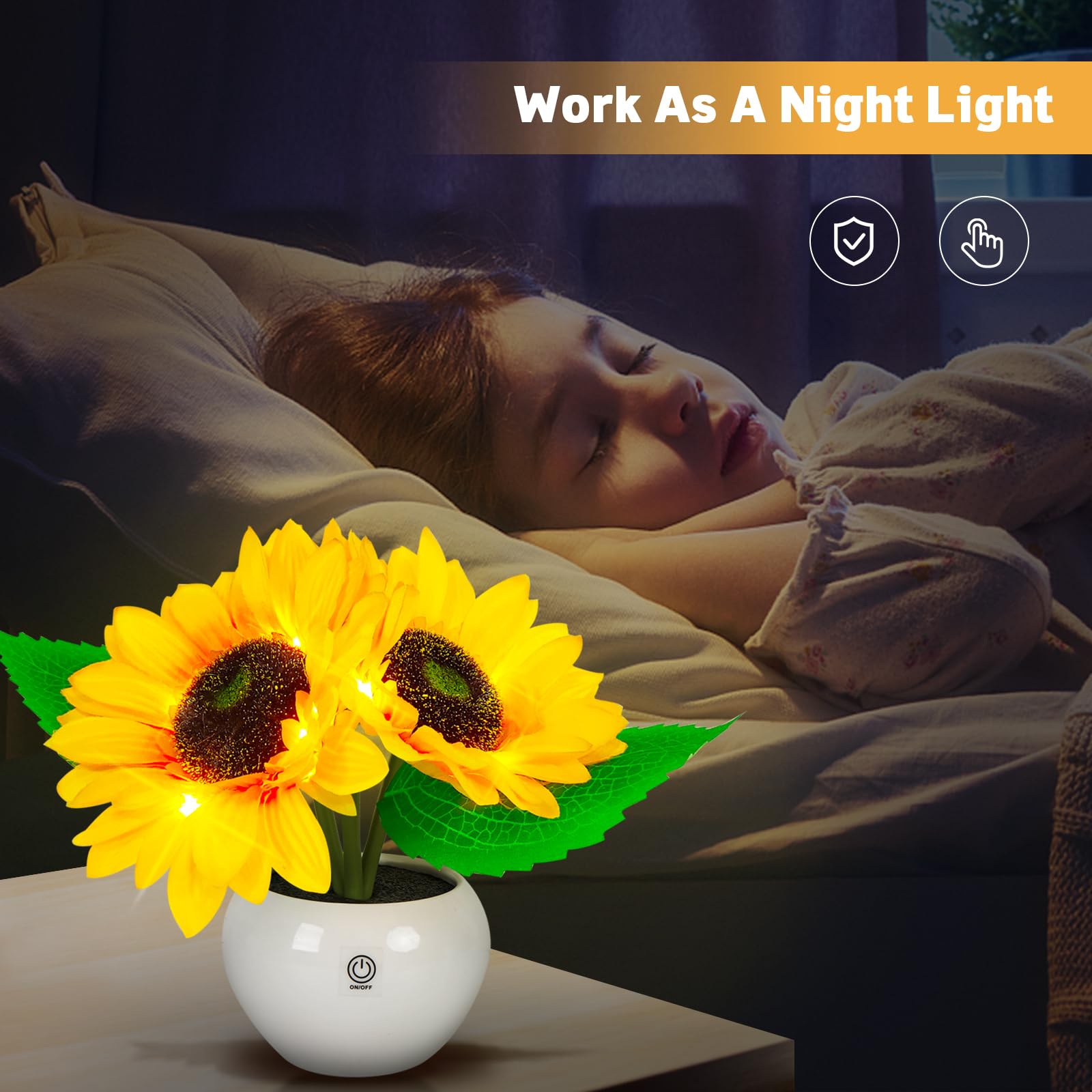 UFmeDorm Rechargeable Sunflower Table Lamp - LED Artificial Flowers Desktop Lamp Night Light with Porcelain Vase, Cordless Touch Lamp for Bedroom Living Room Desk Decor, Birthday Gift for Her Girl Mom