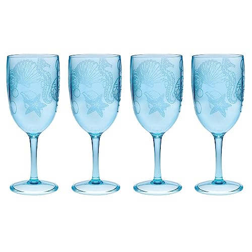 Leadingware AC-2403B Ocean Design Blue 8.5 x 3.25 Acrylic 15 Ounce Wine Glass, Set of 4