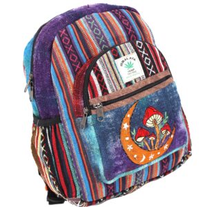 Unique Moon & Mushroom Embroidered Himalaya Hemp Hippie Backpack Festival Backpack FAIR TRADE Handmade with Love. (MINI)