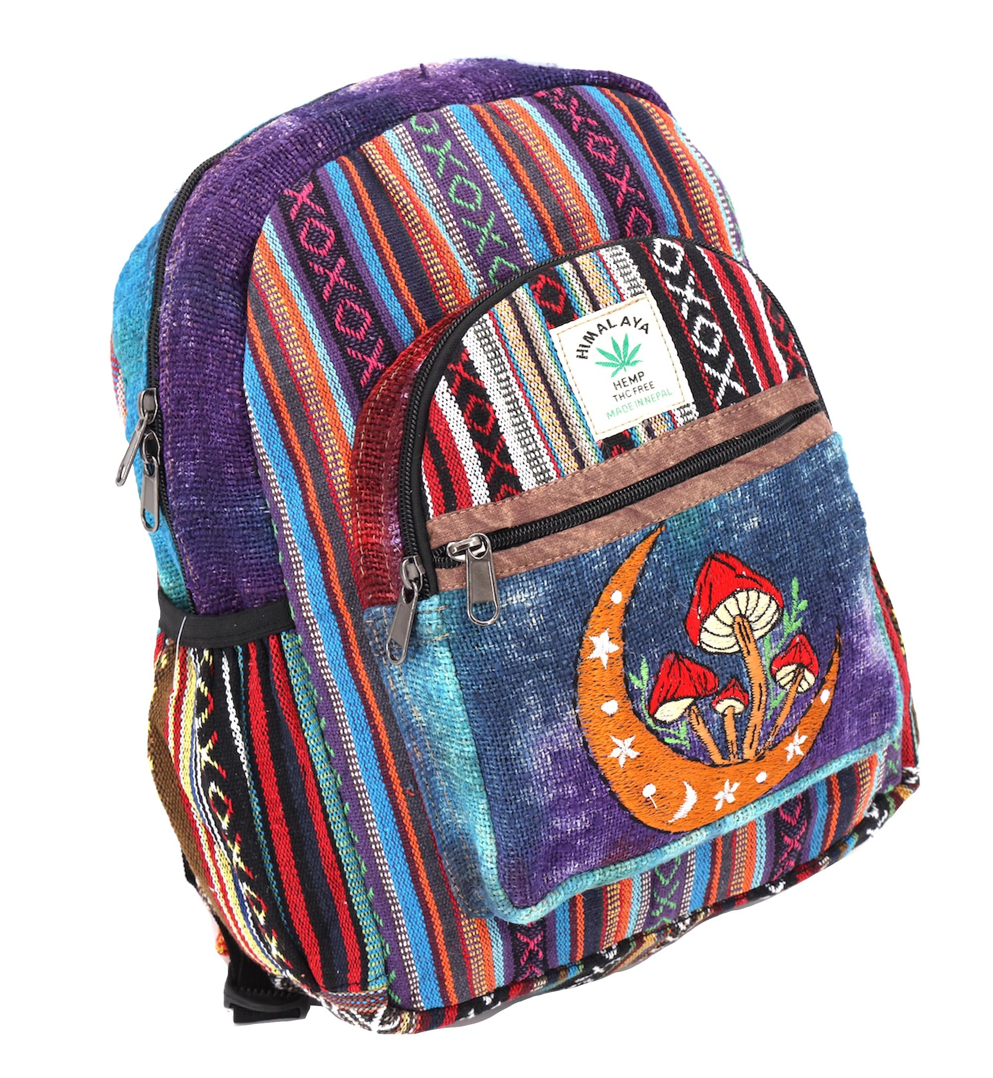 Unique Moon & Mushroom Embroidered Himalaya Hemp Hippie Backpack Festival Backpack FAIR TRADE Handmade with Love. (MINI)