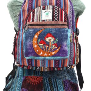 Unique Moon & Mushroom Embroidered Himalaya Hemp Hippie Backpack Festival Backpack FAIR TRADE Handmade with Love. (MINI)