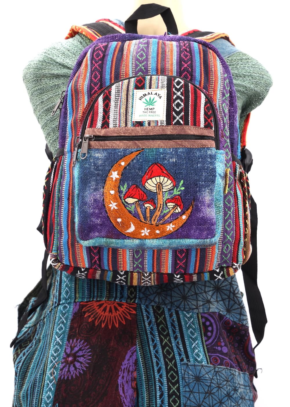 Unique Moon & Mushroom Embroidered Himalaya Hemp Hippie Backpack Festival Backpack FAIR TRADE Handmade with Love. (MINI)