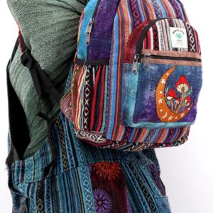 Unique Moon & Mushroom Embroidered Himalaya Hemp Hippie Backpack Festival Backpack FAIR TRADE Handmade with Love. (MINI)