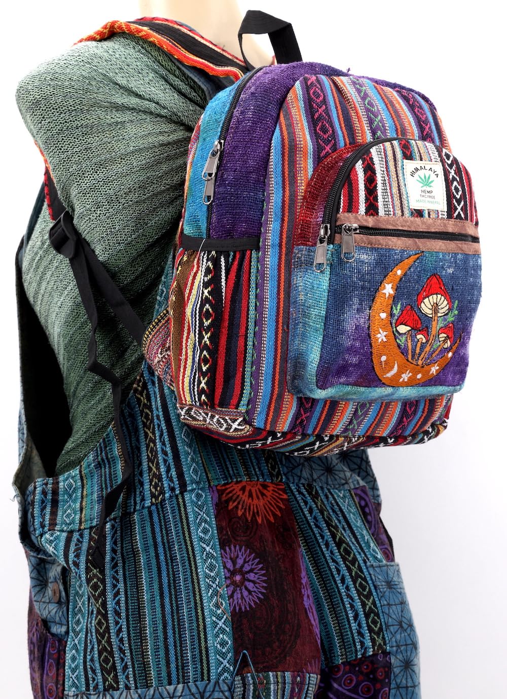 Unique Moon & Mushroom Embroidered Himalaya Hemp Hippie Backpack Festival Backpack FAIR TRADE Handmade with Love. (MINI)