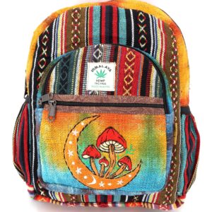 Unique Moon & Mushroom Embroidered Himalaya Hemp Hippie Backpack Festival Backpack FAIR TRADE Handmade with Love. (MINI)