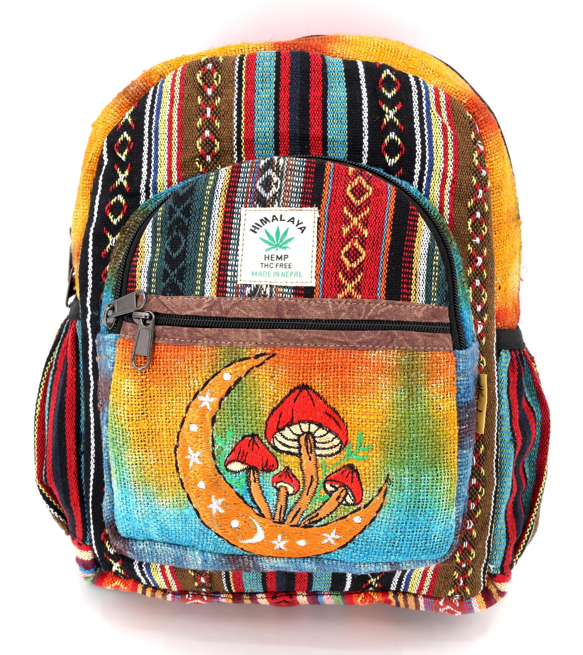 Unique Moon & Mushroom Embroidered Himalaya Hemp Hippie Backpack Festival Backpack FAIR TRADE Handmade with Love. (MINI)