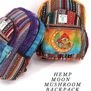 Unique Moon & Mushroom Embroidered Himalaya Hemp Hippie Backpack Festival Backpack FAIR TRADE Handmade with Love. (MINI)