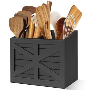 uipame wood utensil holder, large kitchen utensil holder for countertop, cooking utensil organizer for flatware, black utensil caddy with 2 compartments, rustic utensils organizer for kitchen counter