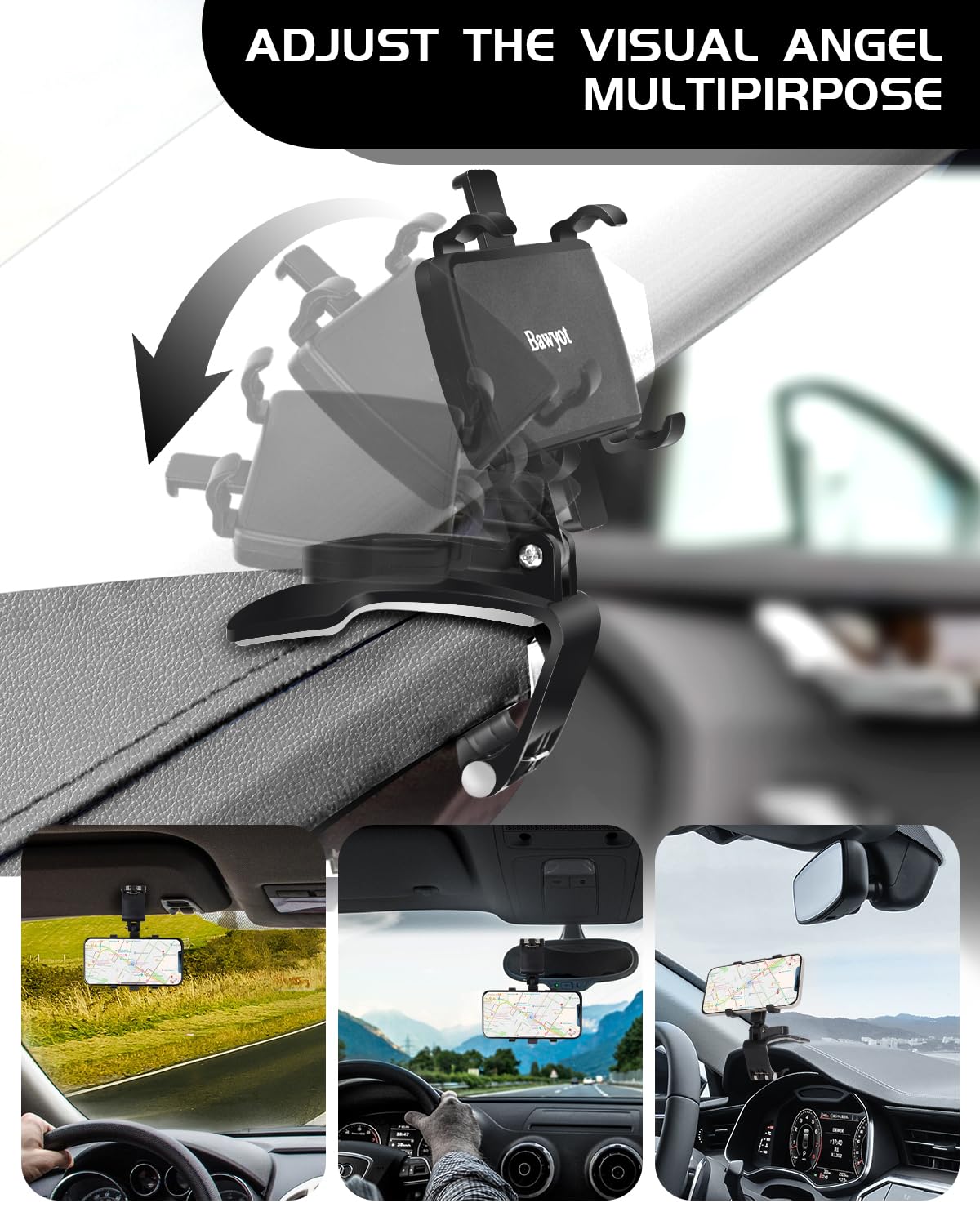 Bawyot Car Phone Holder for Dashboard 360 Degree Rotation Multifunctional One Hand Operation Clip Design Phone Mount Compatible with 4-7 inch Smartphones