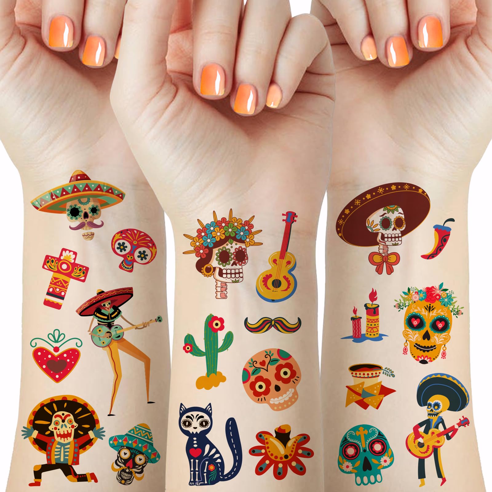 65 Pieces Mexican Day Of The Dead Temporary Tattoos for Kids, Sugar Skull Guitar Floral Skeleton Cactus Tattoo Stickers for Halloween Decorations Dia de Los Festival Carnival Party Favor Supplies