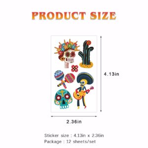 65 Pieces Mexican Day Of The Dead Temporary Tattoos for Kids, Sugar Skull Guitar Floral Skeleton Cactus Tattoo Stickers for Halloween Decorations Dia de Los Festival Carnival Party Favor Supplies