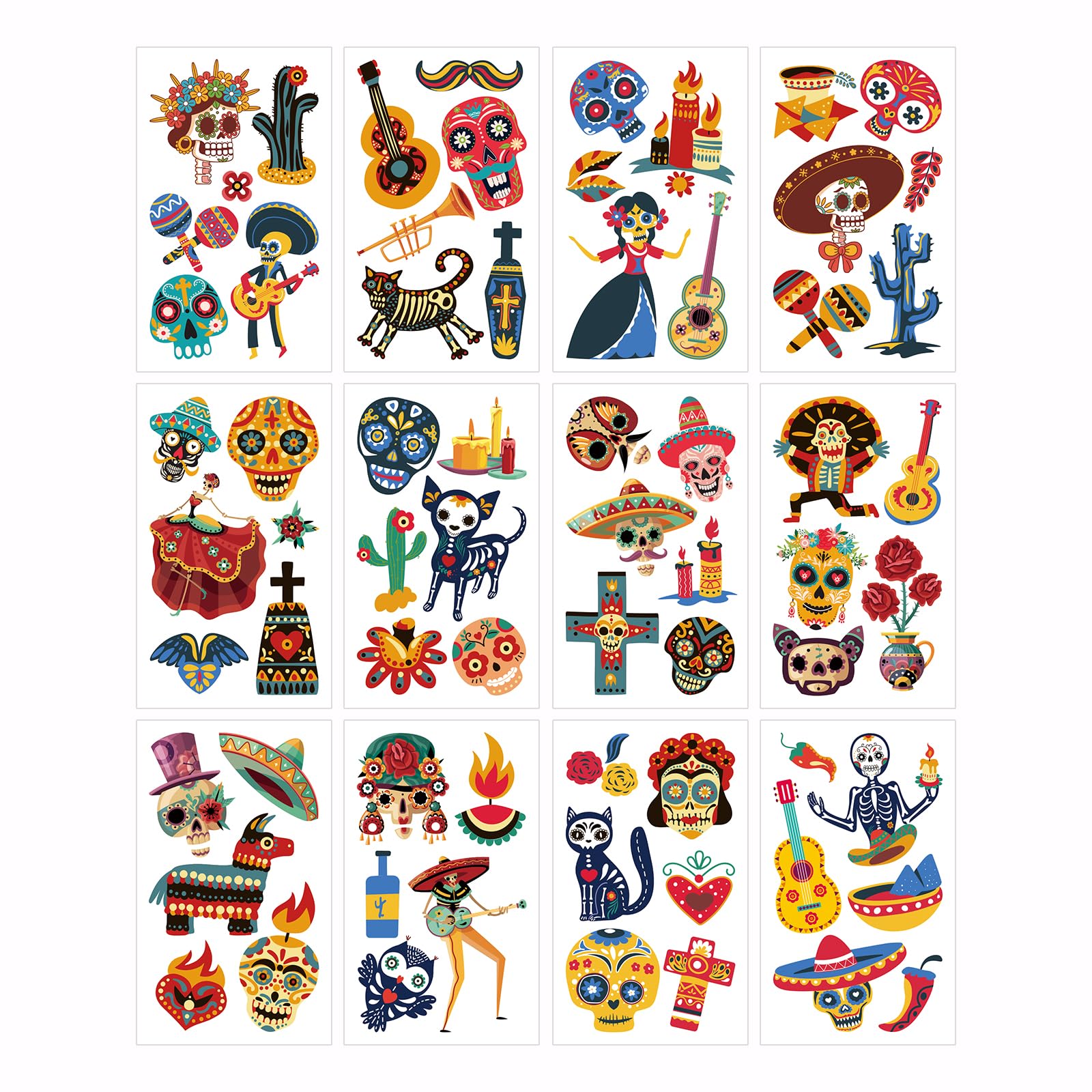 65 Pieces Mexican Day Of The Dead Temporary Tattoos for Kids, Sugar Skull Guitar Floral Skeleton Cactus Tattoo Stickers for Halloween Decorations Dia de Los Festival Carnival Party Favor Supplies