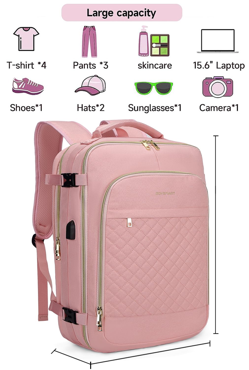 Roysmart Travel Backpack for Women, Carry on Suitcase Bag Personal Item Bag for Airlines, Outdoor Waterproof Hiking Backpack, Sports Rucksack Dasual Daypack-Pink