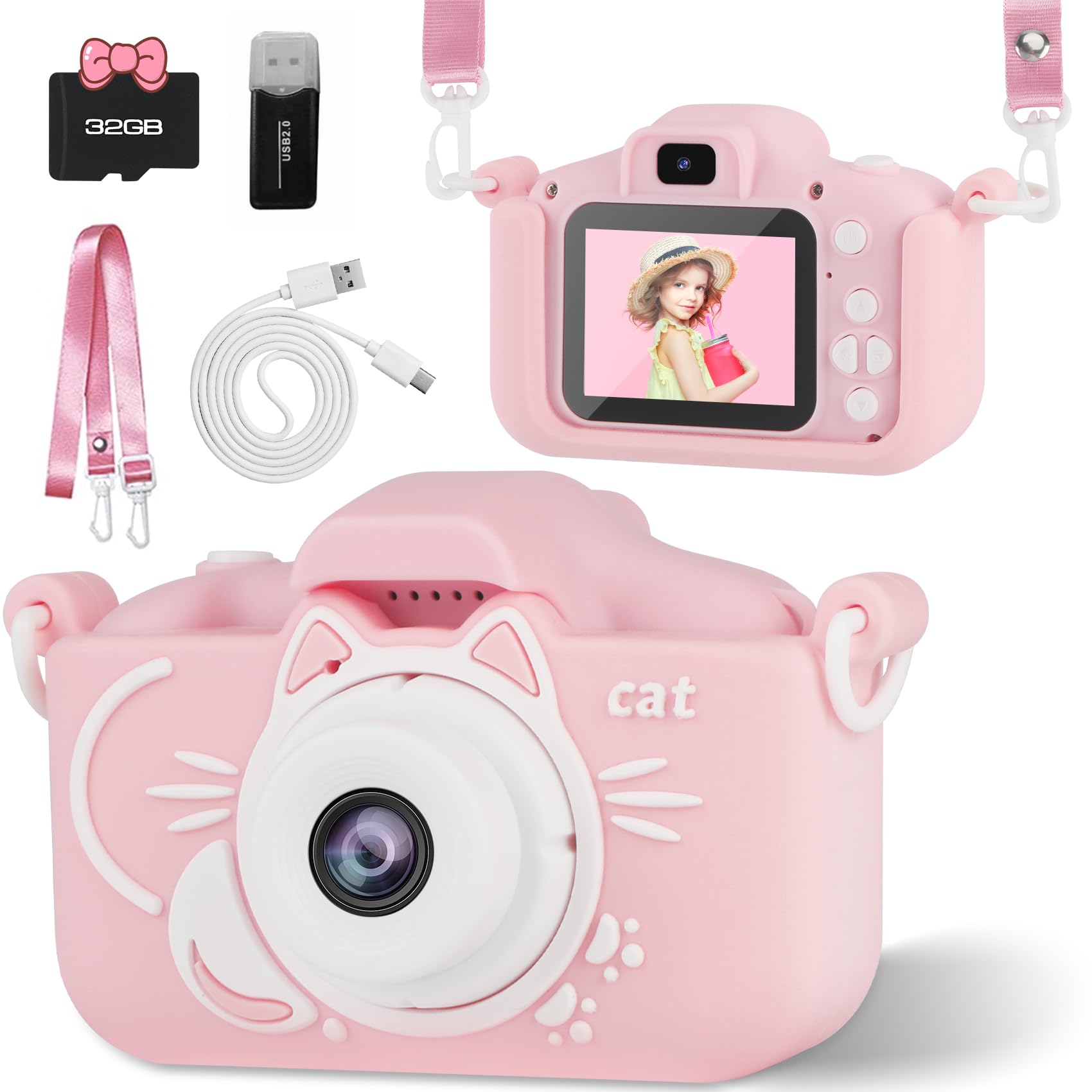 Kids Camera Toys for 6-12 Years Old Boys Girls,Toddler Camera with Protective Silicone Cover,HD Digital Video Cameras with Dual Lens 32GB SD Card,Christmas Birthday Gift for 6 7 8 9 10 11 12