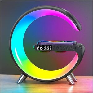 4 in 1 led wireless charging lamp with bluetooth speaker alarm clock,smart wireless charger atmosphere lamp night light for desk govee lamps bedroom decor (black)