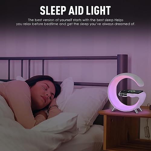 4 in 1 Led Wireless Charging Lamp with Bluetooth Speaker Alarm Clock,Smart Wireless Charger Atmosphere Lamp Night Light for Desk Govee Lamps Bedroom Decor (Black)