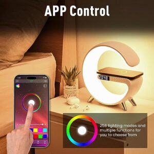 4 in 1 Led Wireless Charging Lamp with Bluetooth Speaker Alarm Clock,Smart Wireless Charger Atmosphere Lamp Night Light for Desk Govee Lamps Bedroom Decor (Black)