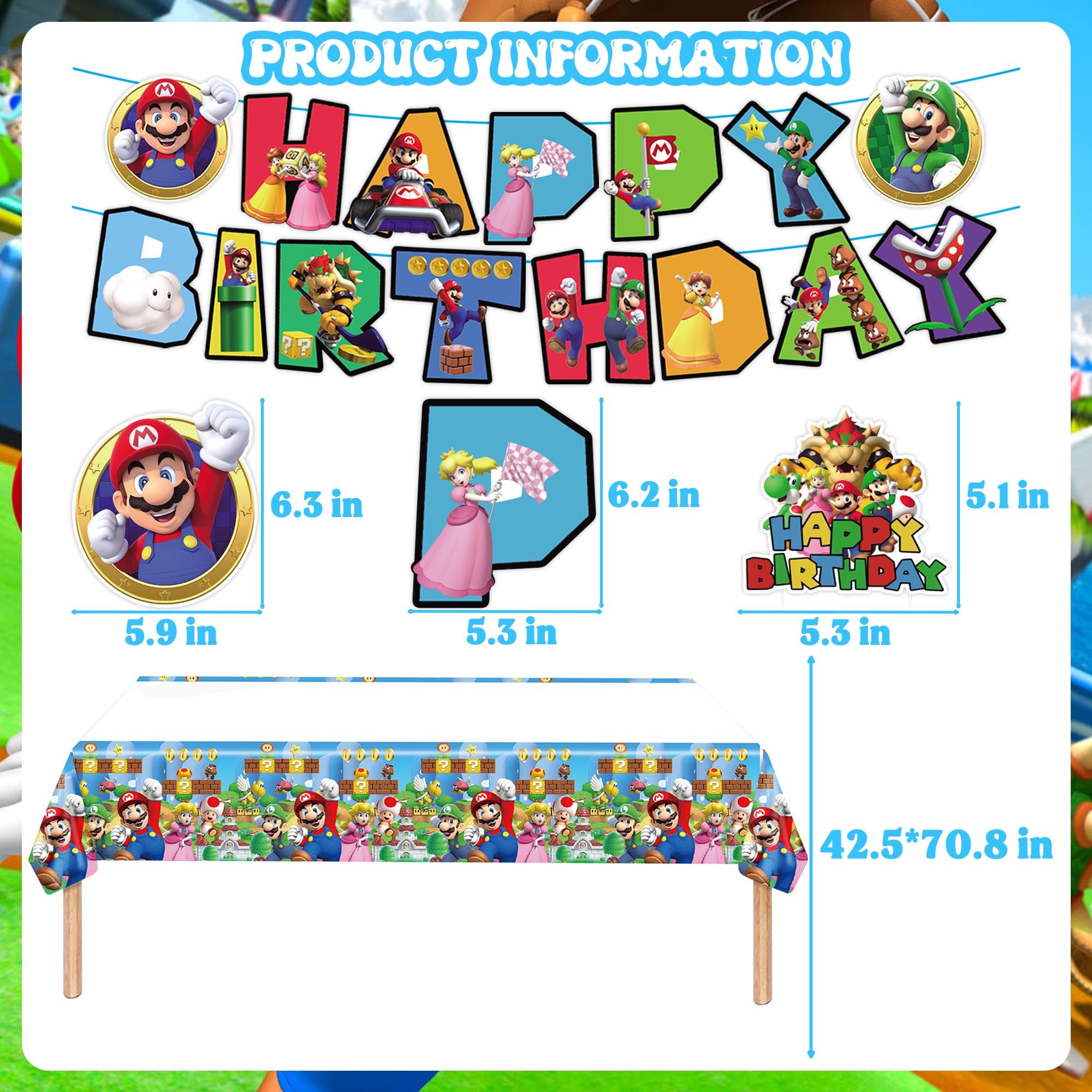 Mario Party Supplies Birthday Party Favors Super Mario Bros Birthday Decorations Include Birthday Banners, Balloons, Tablecloth, Cake Decoration, Cupcake Toppers, Hanging Swirls