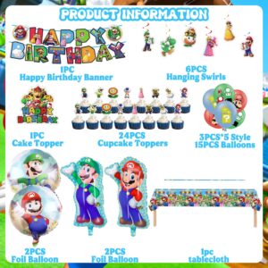 Mario Party Supplies Birthday Party Favors Super Mario Bros Birthday Decorations Include Birthday Banners, Balloons, Tablecloth, Cake Decoration, Cupcake Toppers, Hanging Swirls