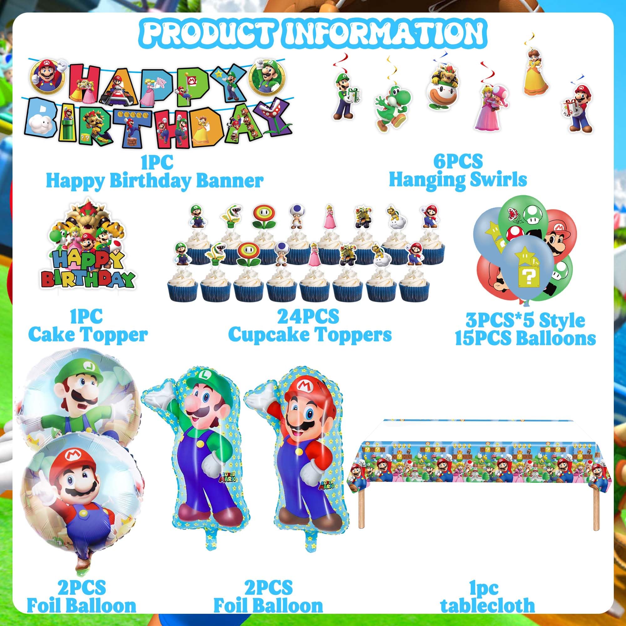 Mario Party Supplies Birthday Party Favors Super Mario Bros Birthday Decorations Include Birthday Banners, Balloons, Tablecloth, Cake Decoration, Cupcake Toppers, Hanging Swirls