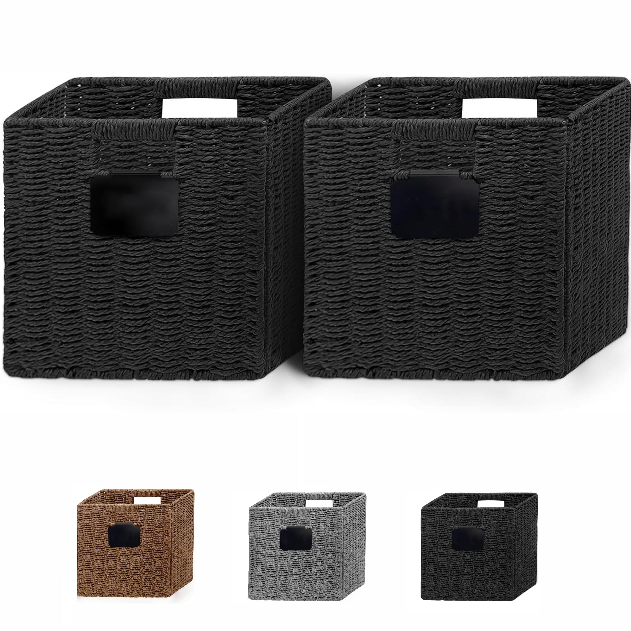 Foneso Wicker Storage Baskets, Black Storage Cubes Set of 2 Hand-Woven with Handle Foldable Large Wicker Baskets Bins for Laundry Room Living Room Shelves Organizing