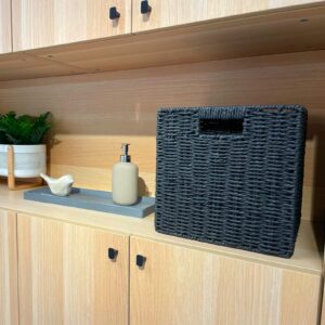 Foneso Wicker Storage Baskets, Black Storage Cubes Set of 2 Hand-Woven with Handle Foldable Large Wicker Baskets Bins for Laundry Room Living Room Shelves Organizing