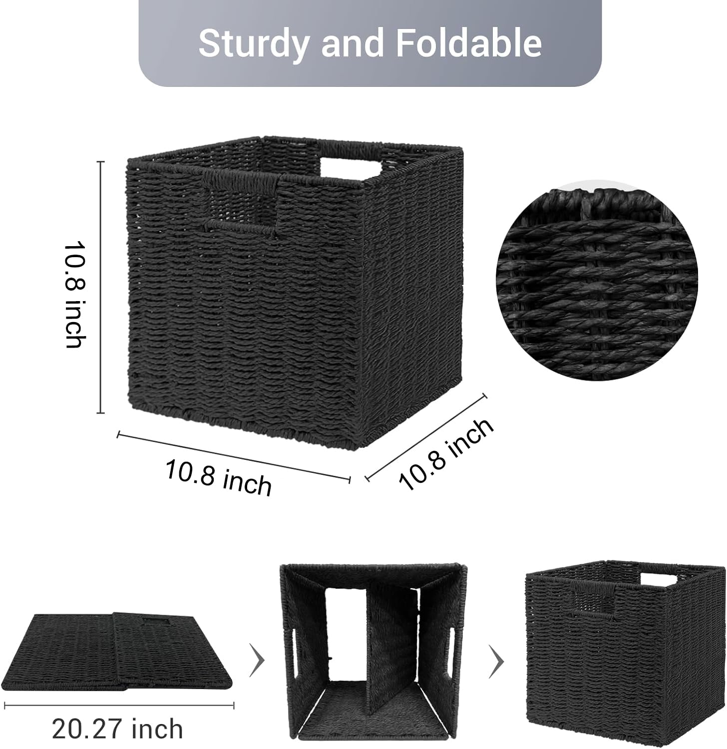 Foneso Wicker Storage Baskets, Black Storage Cubes Set of 2 Hand-Woven with Handle Foldable Large Wicker Baskets Bins for Laundry Room Living Room Shelves Organizing