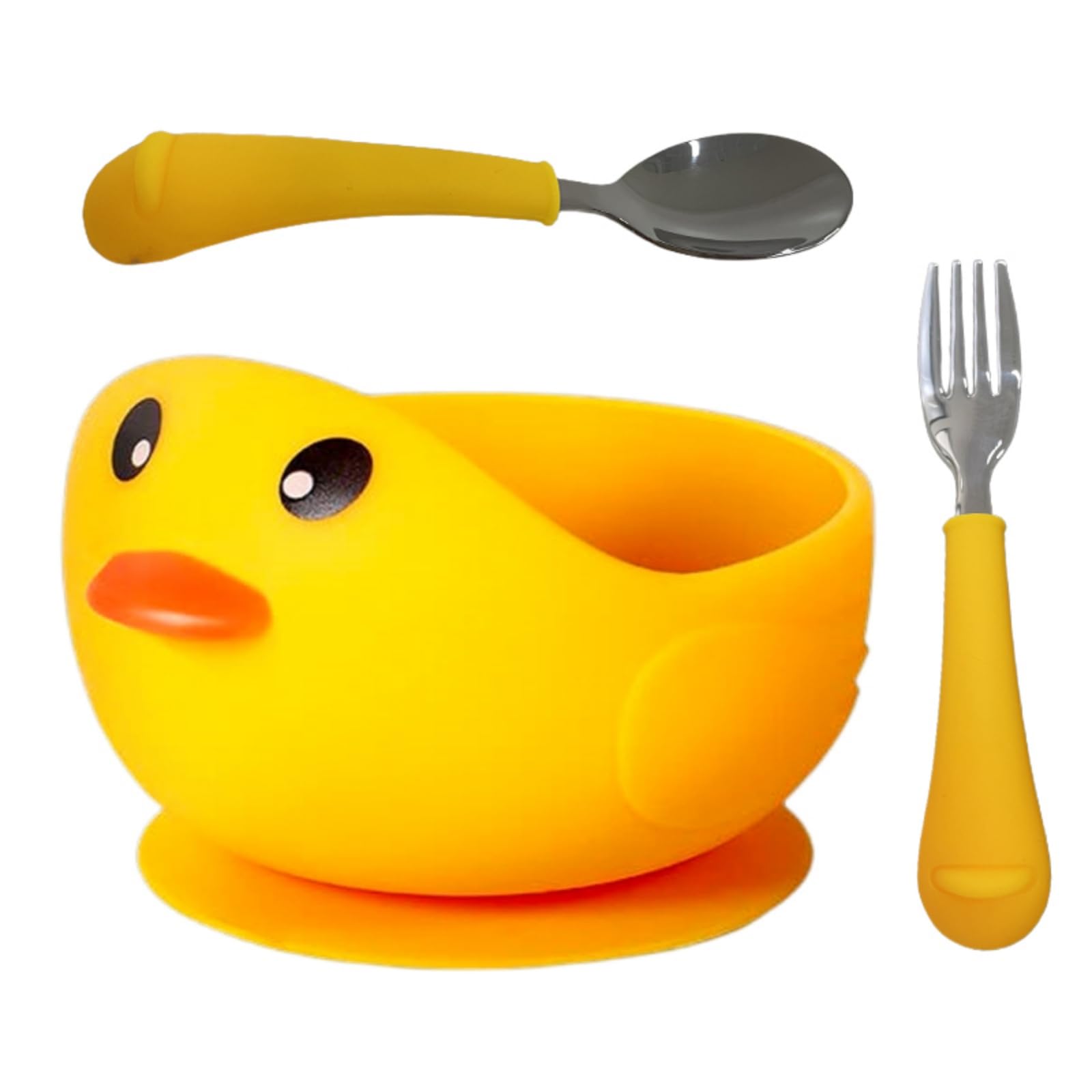 Oligey Baby Solid Food Self Feeding Set includes Toddler Suction Silicone Bowl with Spoon and Fork Bonus,Carton Duck Kid First Stage Eating Utensils Make Child Learning Happy in Led Weaning(yellow)