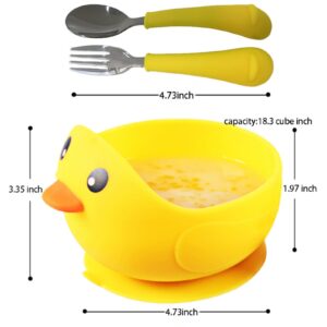 Oligey Baby Solid Food Self Feeding Set includes Toddler Suction Silicone Bowl with Spoon and Fork Bonus,Carton Duck Kid First Stage Eating Utensils Make Child Learning Happy in Led Weaning(yellow)