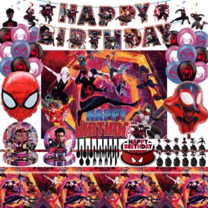 spider miles morales birthday party decorations, spider miles party supplies include birthday banner, balloons, tablecloth, plates, cupcake toppers, backdrop for black spider birthday