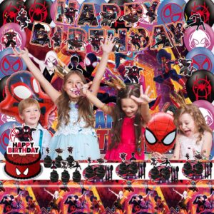 Spider Miles Morales Birthday Party Decorations, Spider Miles Party Supplies Include Birthday Banner, Balloons, Tablecloth, Plates, Cupcake Toppers, Backdrop for Black Spider Birthday