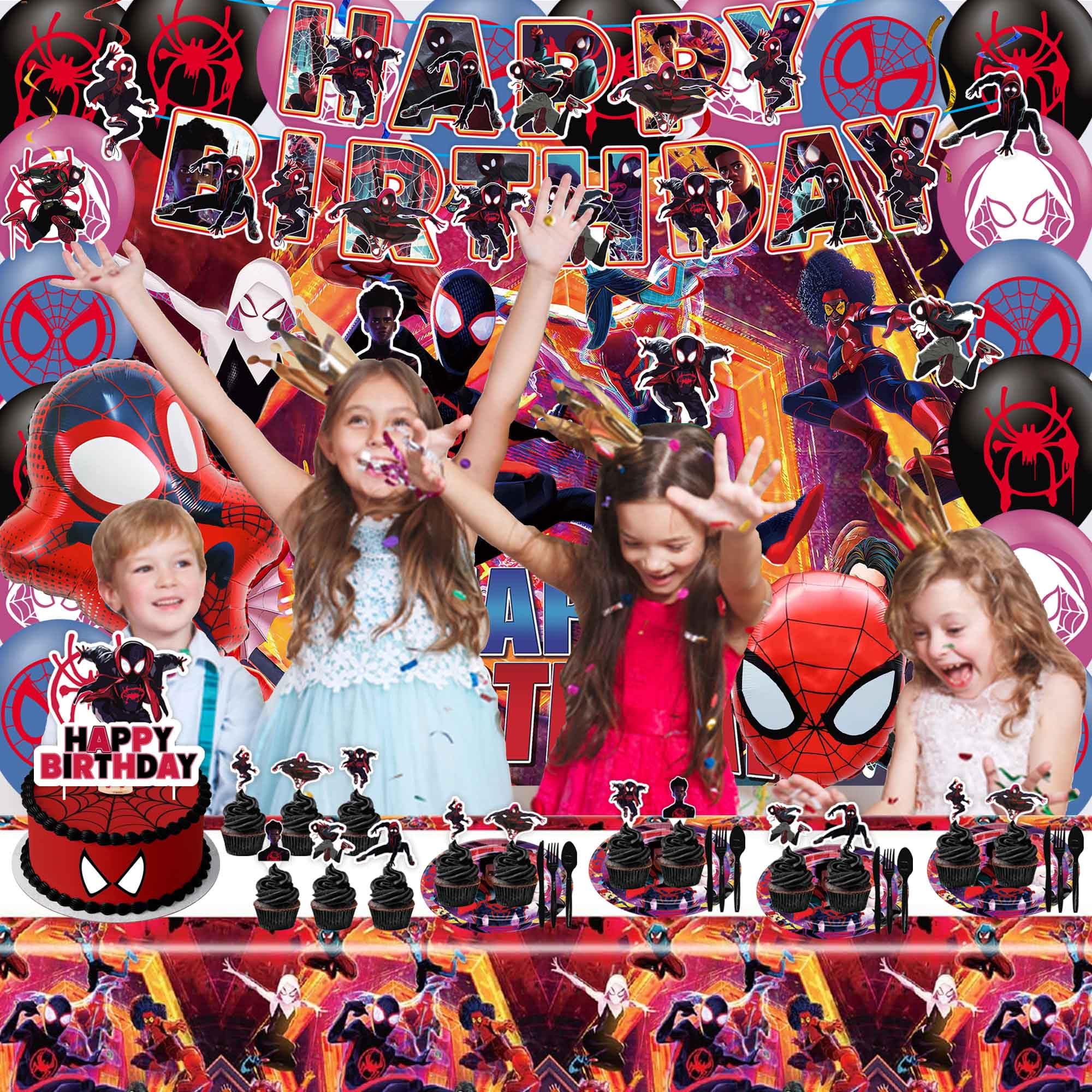 Spider Miles Morales Birthday Party Decorations, Spider Miles Party Supplies Include Birthday Banner, Balloons, Tablecloth, Plates, Cupcake Toppers, Backdrop for Black Spider Birthday