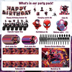 Spider Miles Morales Birthday Party Decorations, Spider Miles Party Supplies Include Birthday Banner, Balloons, Tablecloth, Plates, Cupcake Toppers, Backdrop for Black Spider Birthday