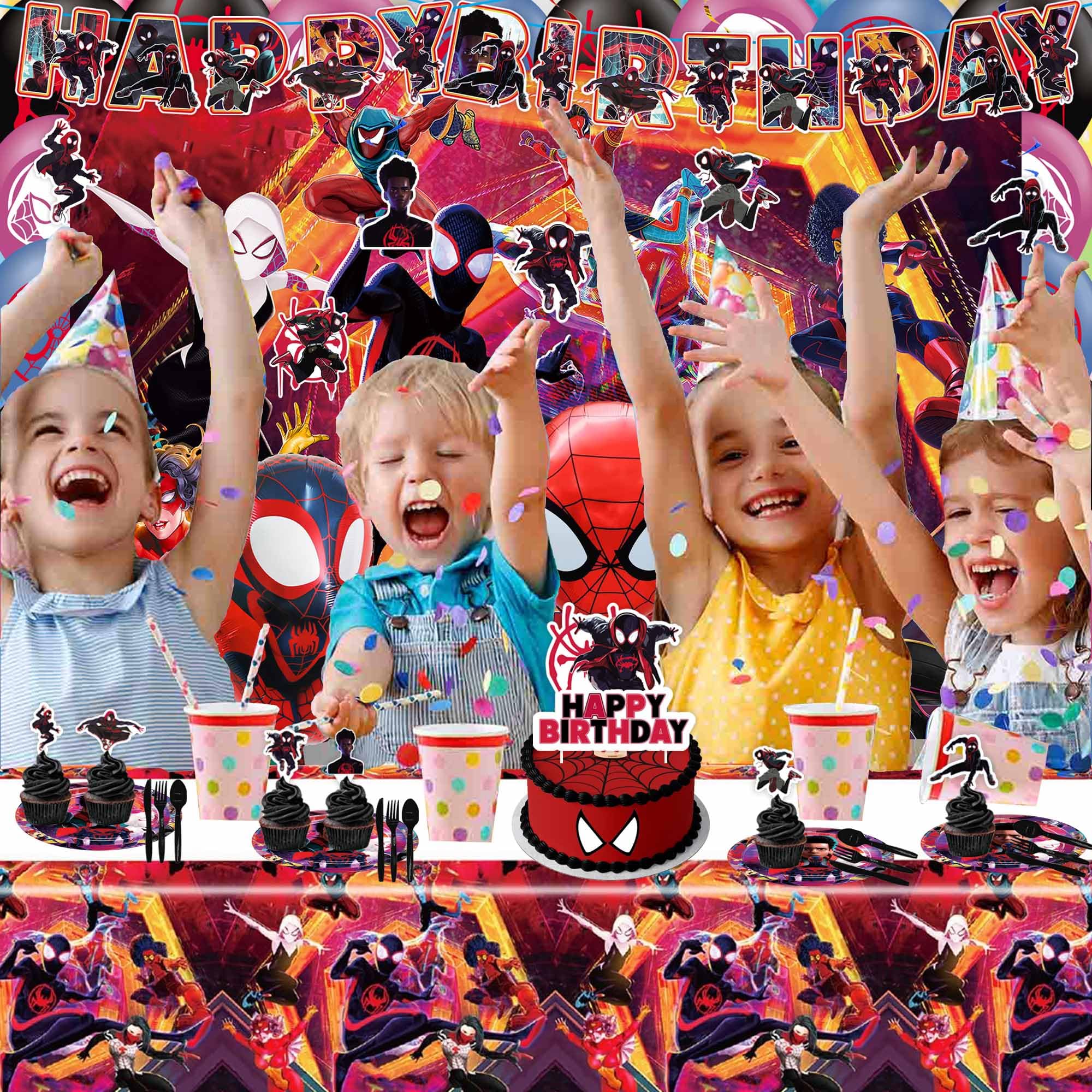 Spider Miles Morales Birthday Party Decorations, Spider Miles Party Supplies Include Birthday Banner, Balloons, Tablecloth, Plates, Cupcake Toppers, Backdrop for Black Spider Birthday