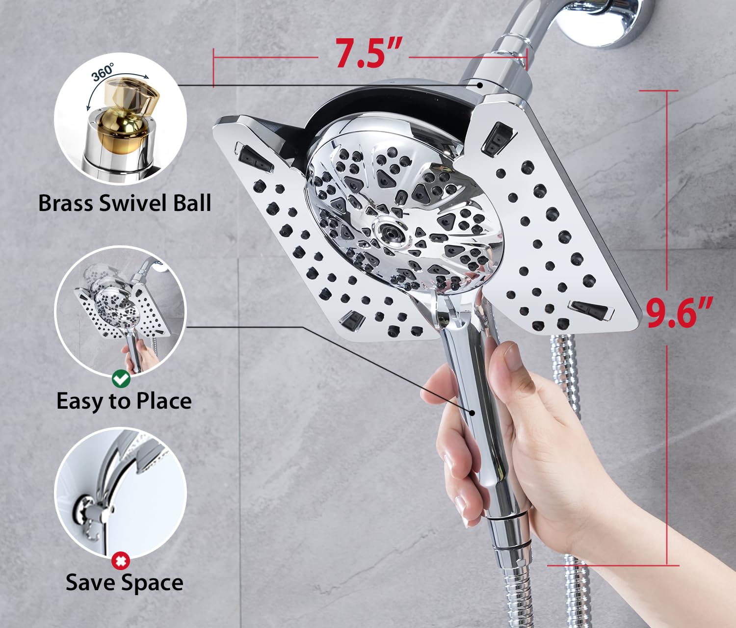 INAVAMZ 2-IN-1 Shower Heads with Handheld Spray Combo: 7.5 Inch Rainfall Shower Head & 10 Settings Hand Held Shower Head, Detachable Shower Head with Hose Lifetime Shower Head Warranty