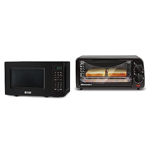 COMMERCIAL CHEF Small Microwave 0.7 Cu. Ft. Countertop Microwave with Digital Display, Black Microwave & Elite Gourmet ETO236 Personal 2 Slice Countertop Toaster Oven with 15 Minute Timer