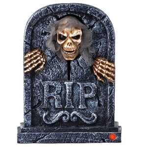 halloween zombie tombstone animated skeleton decorations yard decor motion sensor activated, creepy voice, spooky skull head, light up eyes, scary haunted prop