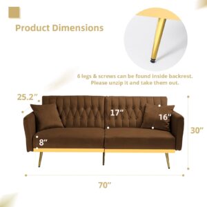 ACMEASE 2 Pieces Velvet Sofa Set with Adjustable Armrest and Backrest, 70” Convertible Futon Sofa Bed & Mordern Accent Chair with Ottoman for Living Room, Bedroom, Brown